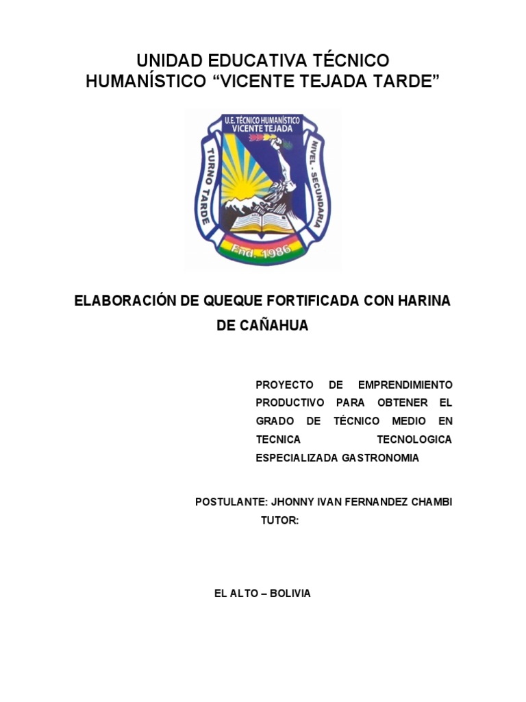 proyecto queque de cañahua UEVT-1 | PDF | Leche | Cereales