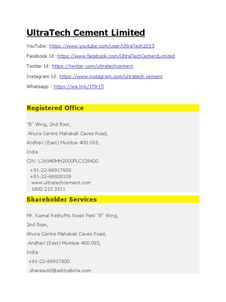 Ultratech Cement Limited: Registered Office | PDF