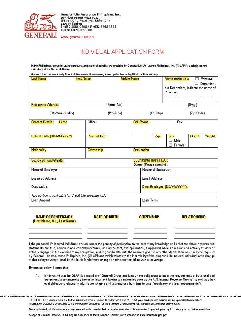 Application For Individual Insurance Form | PDF | Insurance | Life ...