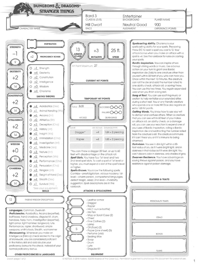 DND_Stranger Things_Starter set _Character_Bard | PDF