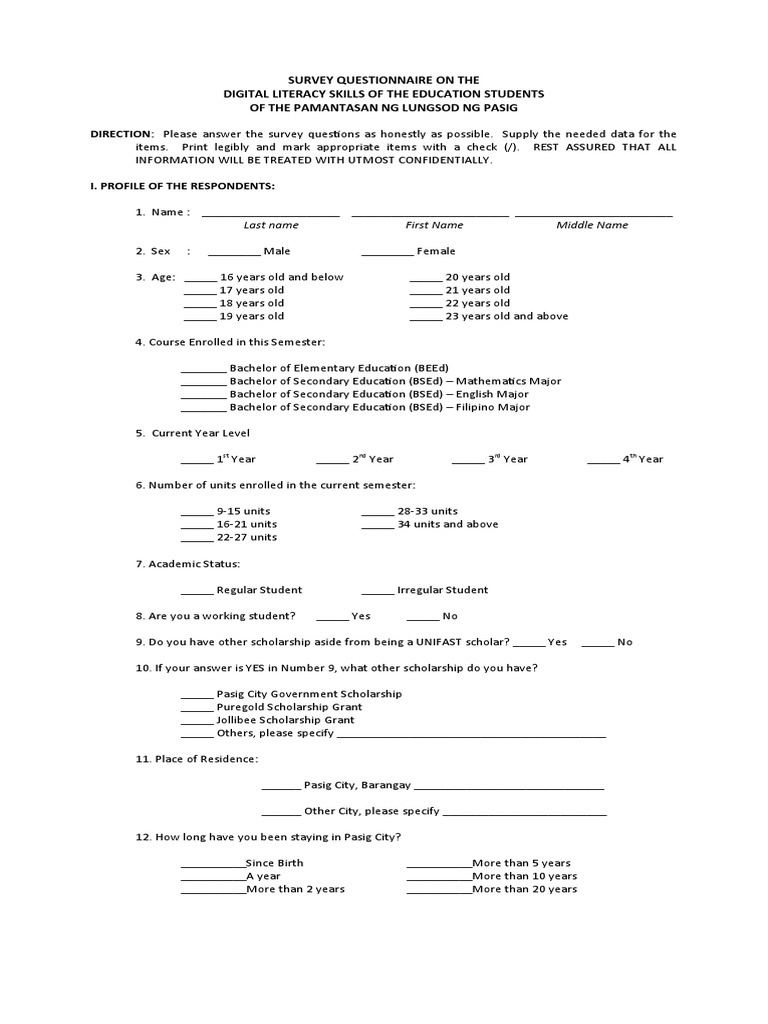 Digital Literacy Survey: Pasig Education Students | PDF | Literacy ...