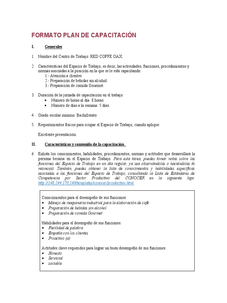 Plan de Capacitación para Cafetería RED COFFE OAX | PDF