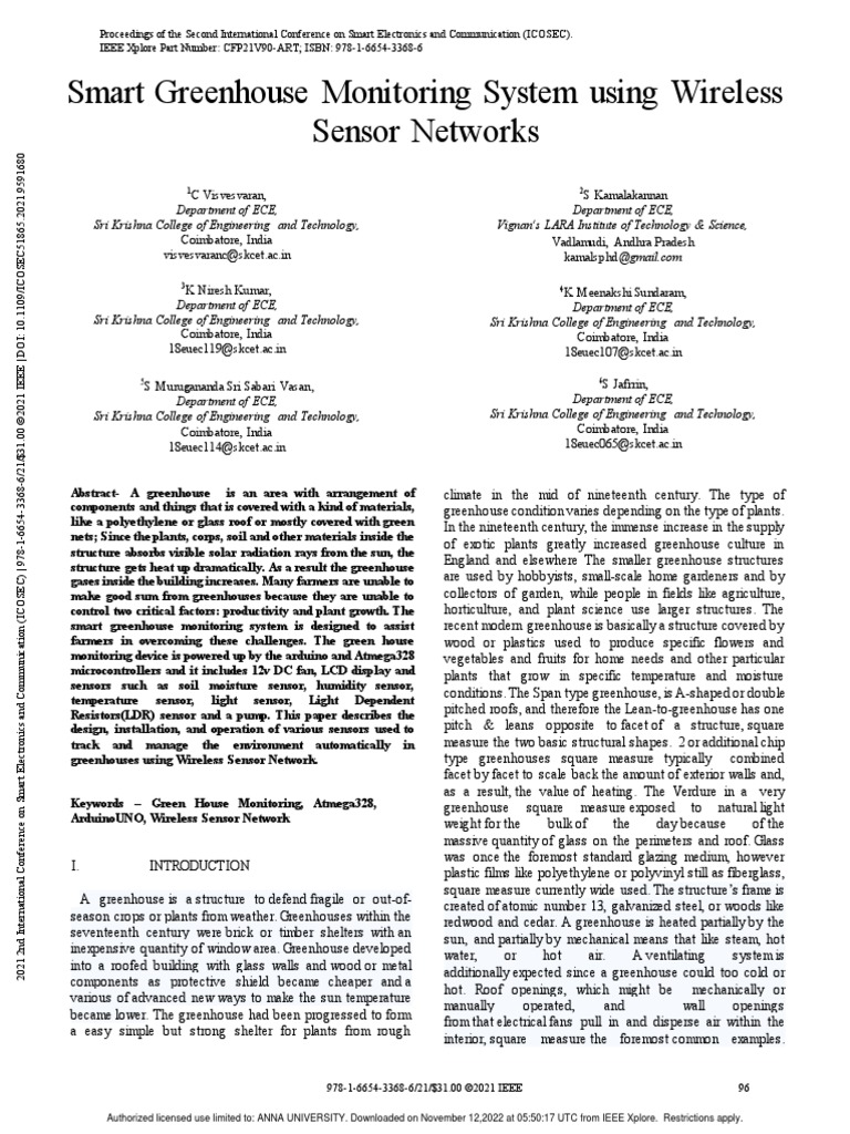 Smart Greenhouse Monitoring System Using Wireless Sensor Networks | PDF ...
