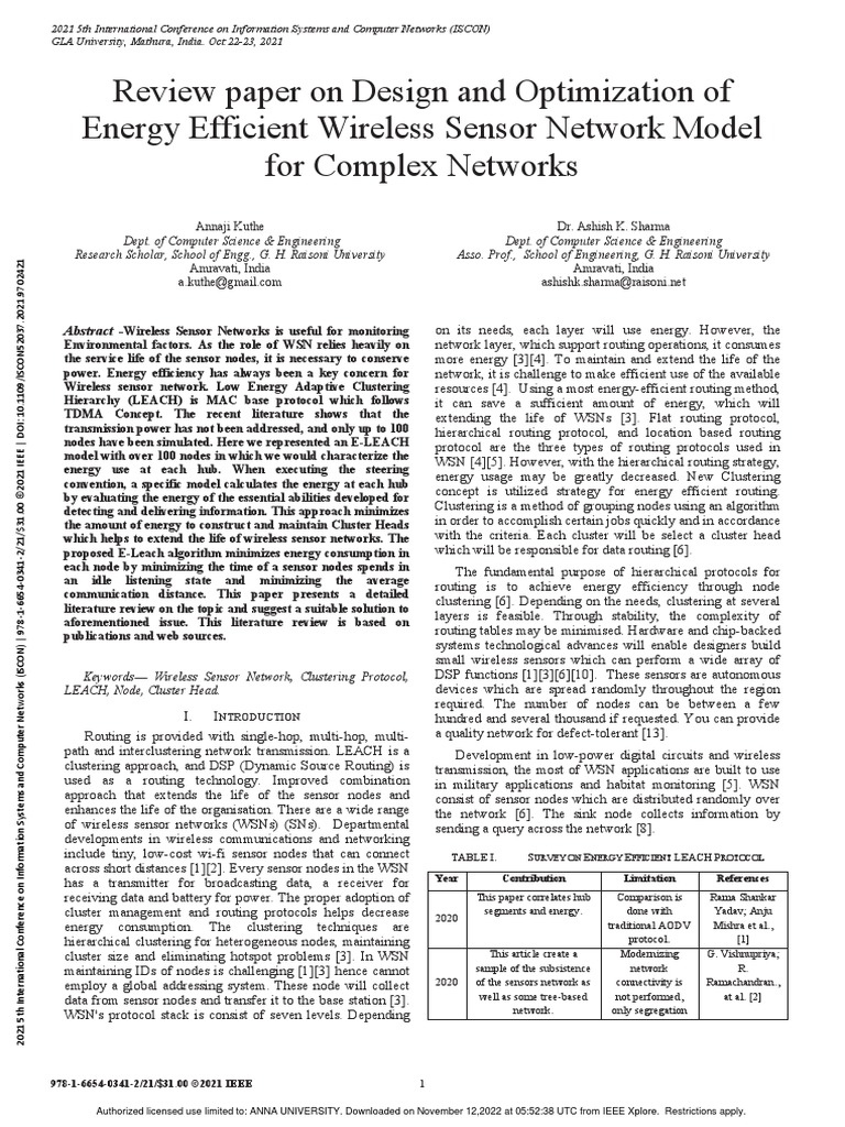 Review Paper On Design And Optimization Of Energy Efficient Wireless Sensor Network Model For