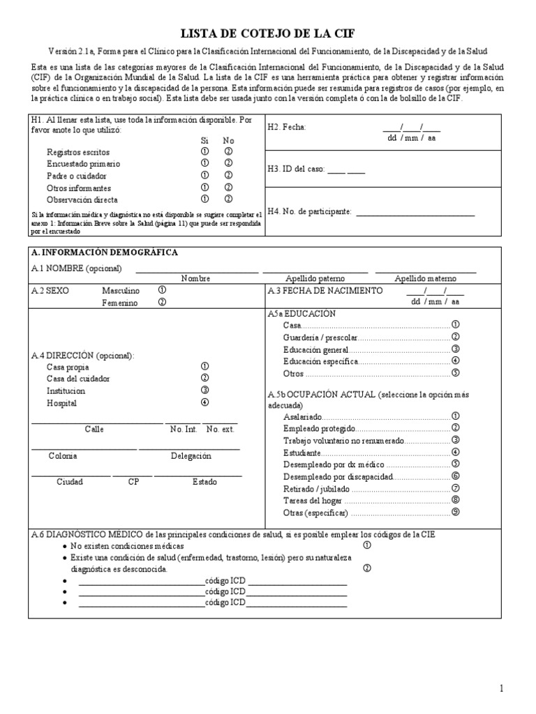 ICF Checklist | PDF | Sistema nervioso | Boca