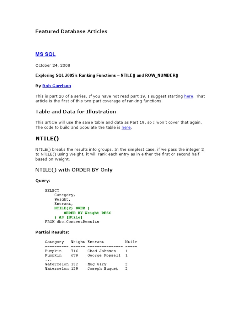 Ntile Function Pdf Microsoft Sql Server Sql
