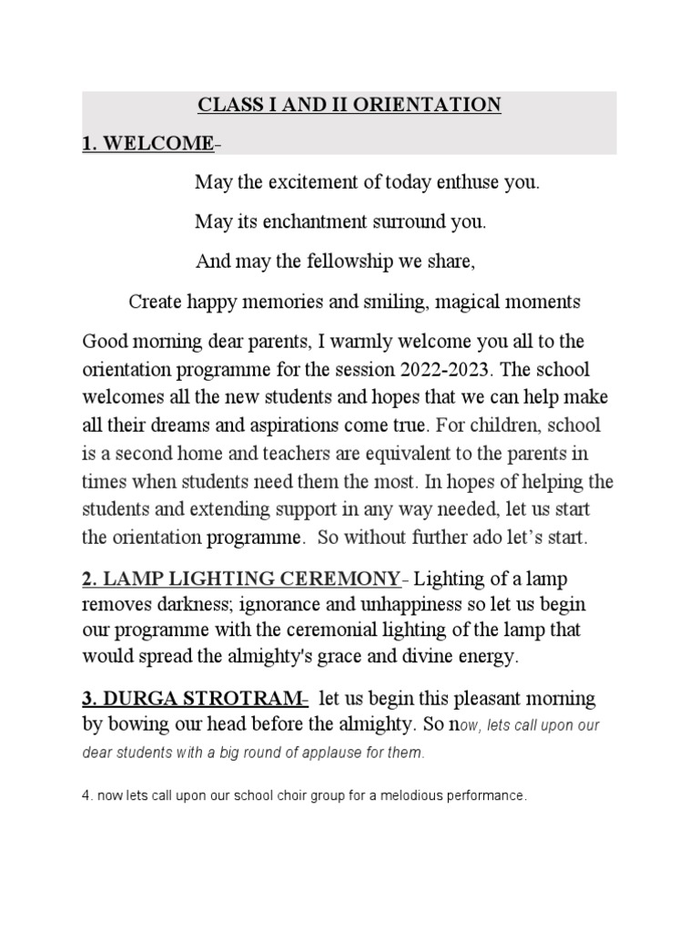 CLASS 1 AND 2 Orientation Programme | PDF | Reading Comprehension ...