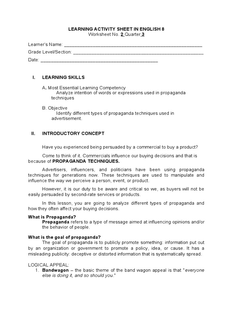 LAS Worksheet No. 21 | PDF | Propaganda | Advertising