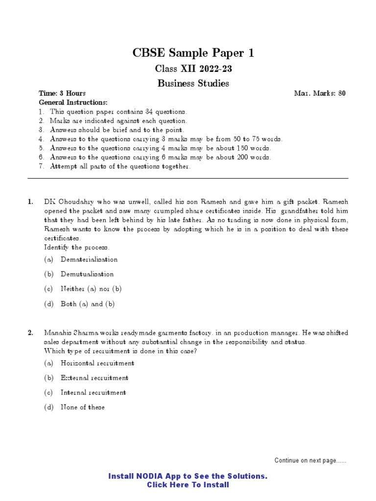 BS Sample Paper 1 Unsolved | PDF | Employment | Marketing