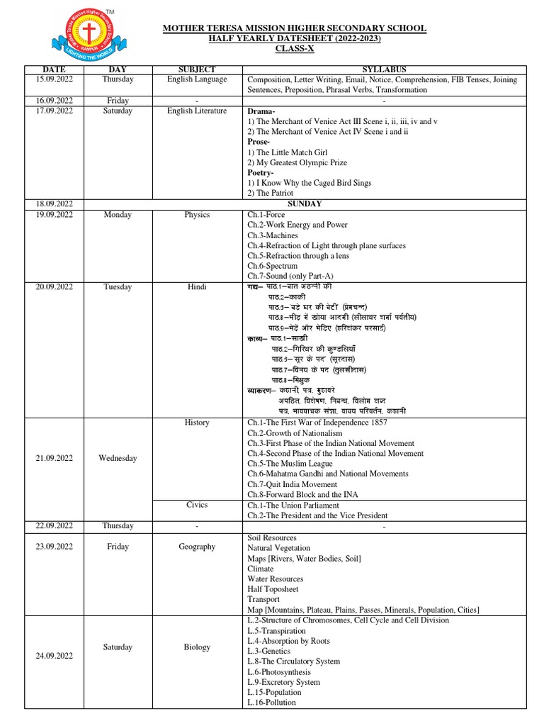 Class 10 Datesheet | PDF