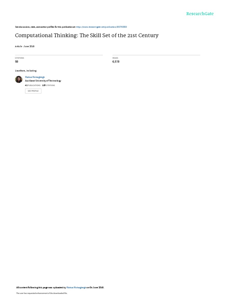 Computational Thinking, The Skill Set of The 21st Century | PDF | Thought | Computer Science