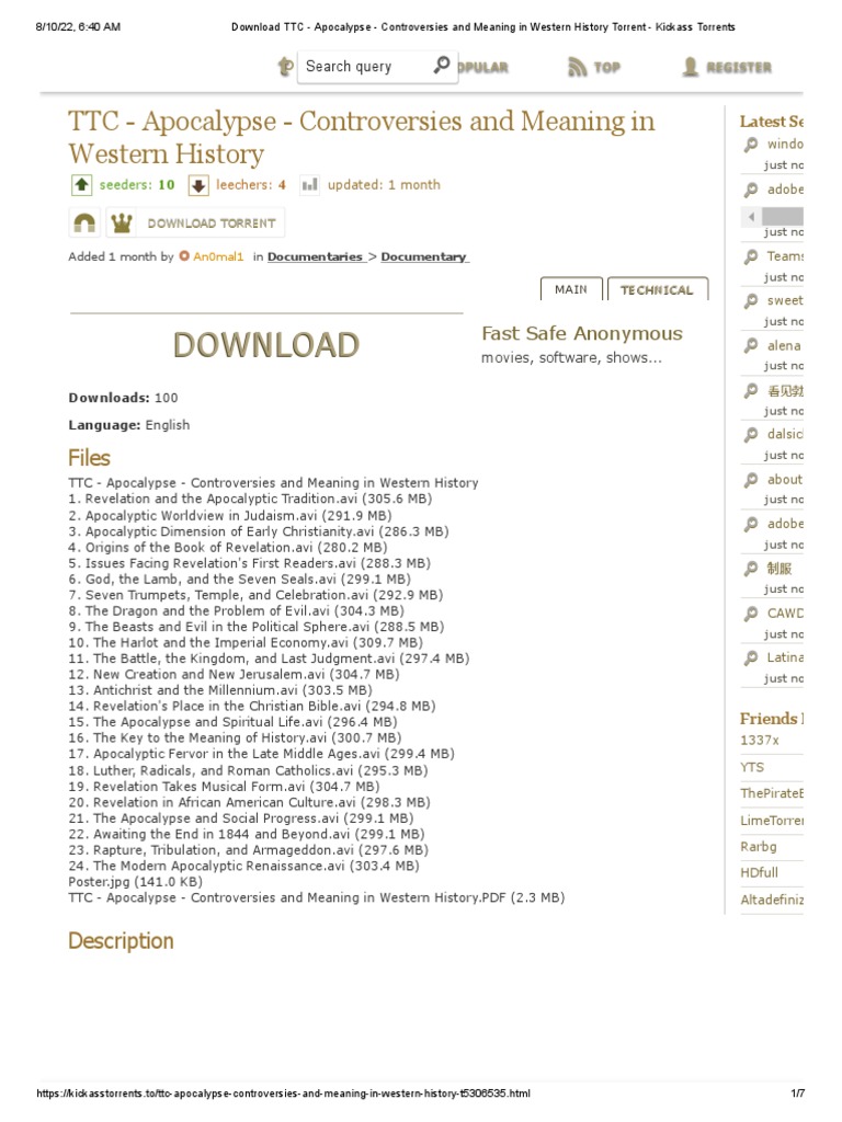 TTC - Apocalypse - Controversies and Meaning in Western History Torrent - Kickass Torrents | PDF ...