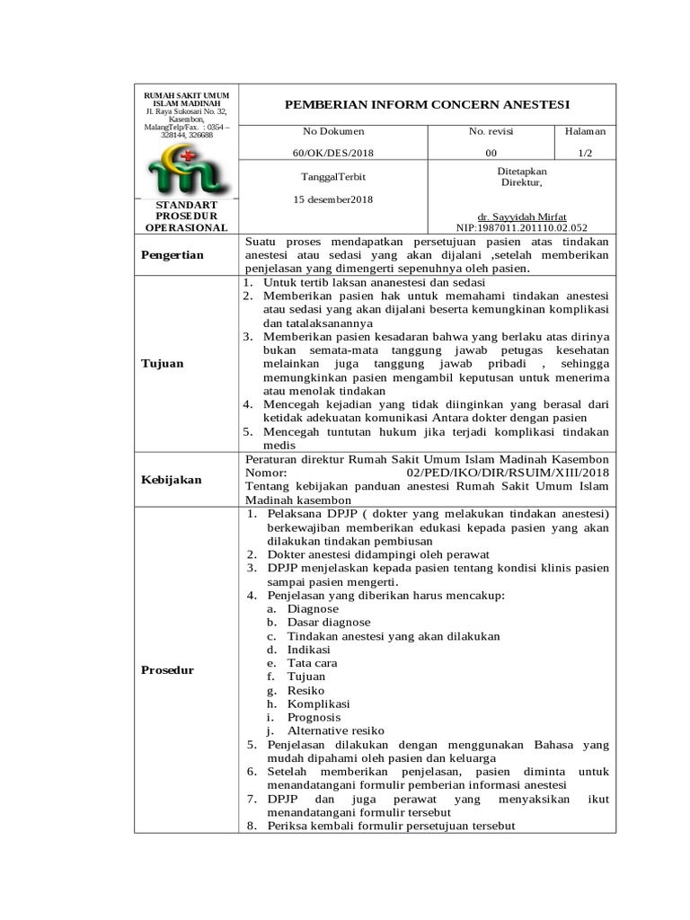 Sop Inform Concern Anestesi | PDF