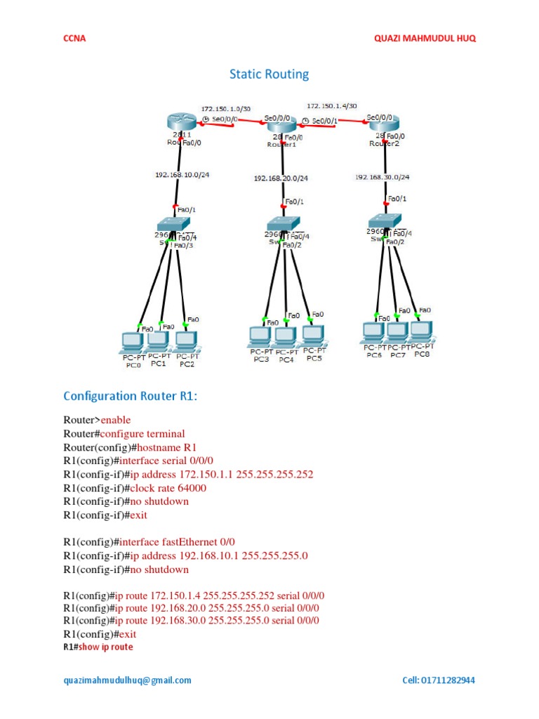 Static and Default Routing CCNA Configuration | PDF | Router (Computing) | Communications Protocols