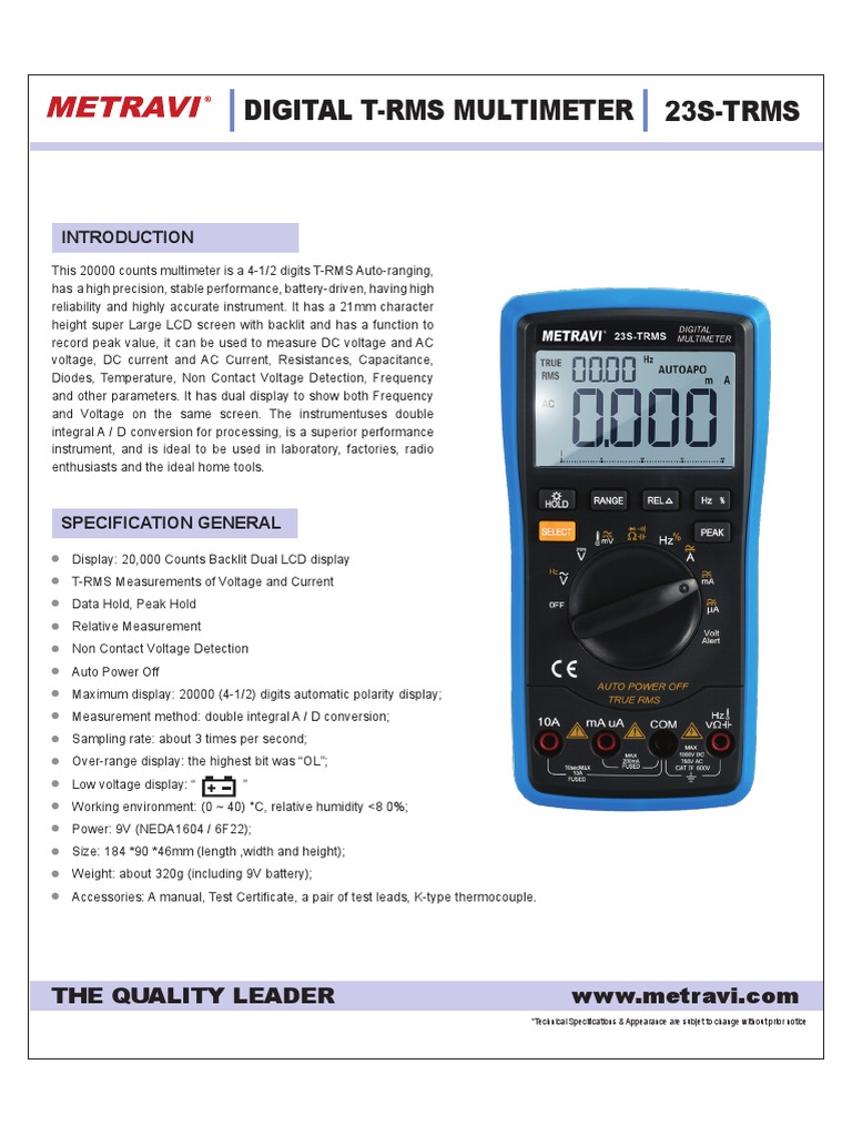 Specifications and Features of the 23S-TRMS Digital True RMS Multimeter | PDF | Power Supply ...
