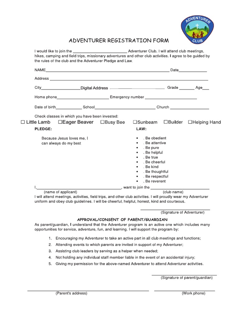 Adventurer Registration Form | PDF Adventurer Registration Form | PDF