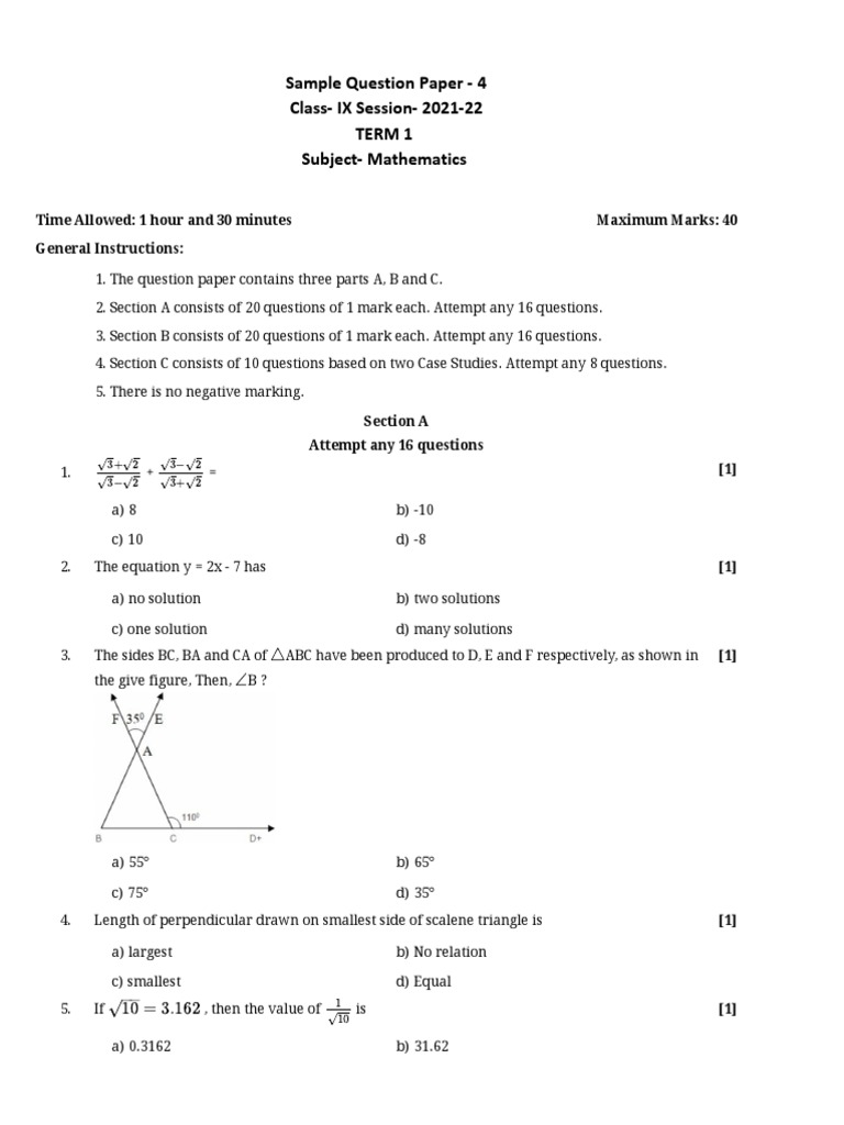 Sample Question Paper - 4 Class-IX Session - 2021-22 | PDF | Triangle ...