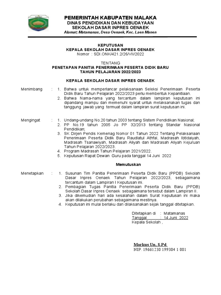 Sk Panitia Penerimaan Siswa Baru 2022 Pdf