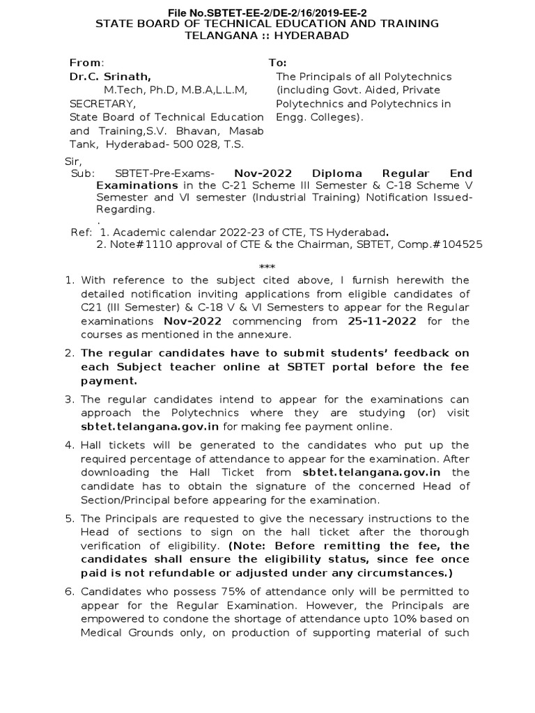Notification for Diploma Regular End Examinations in November 2022 for ...
