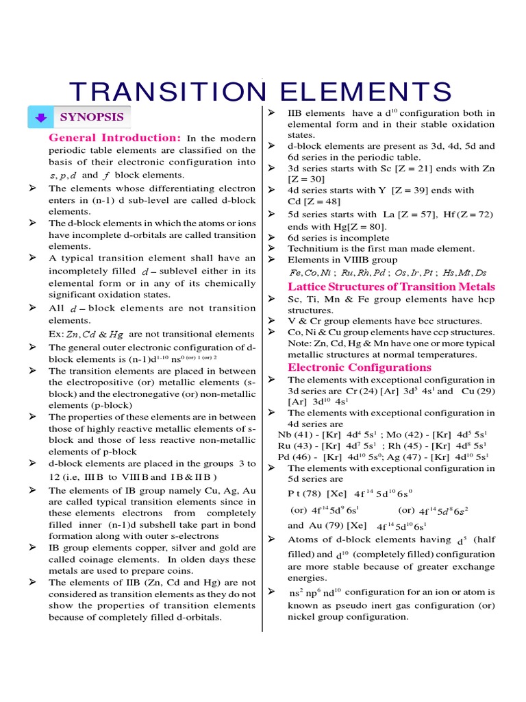 Transition Elements | Download Free PDF | Transition Metals | Electron ...
