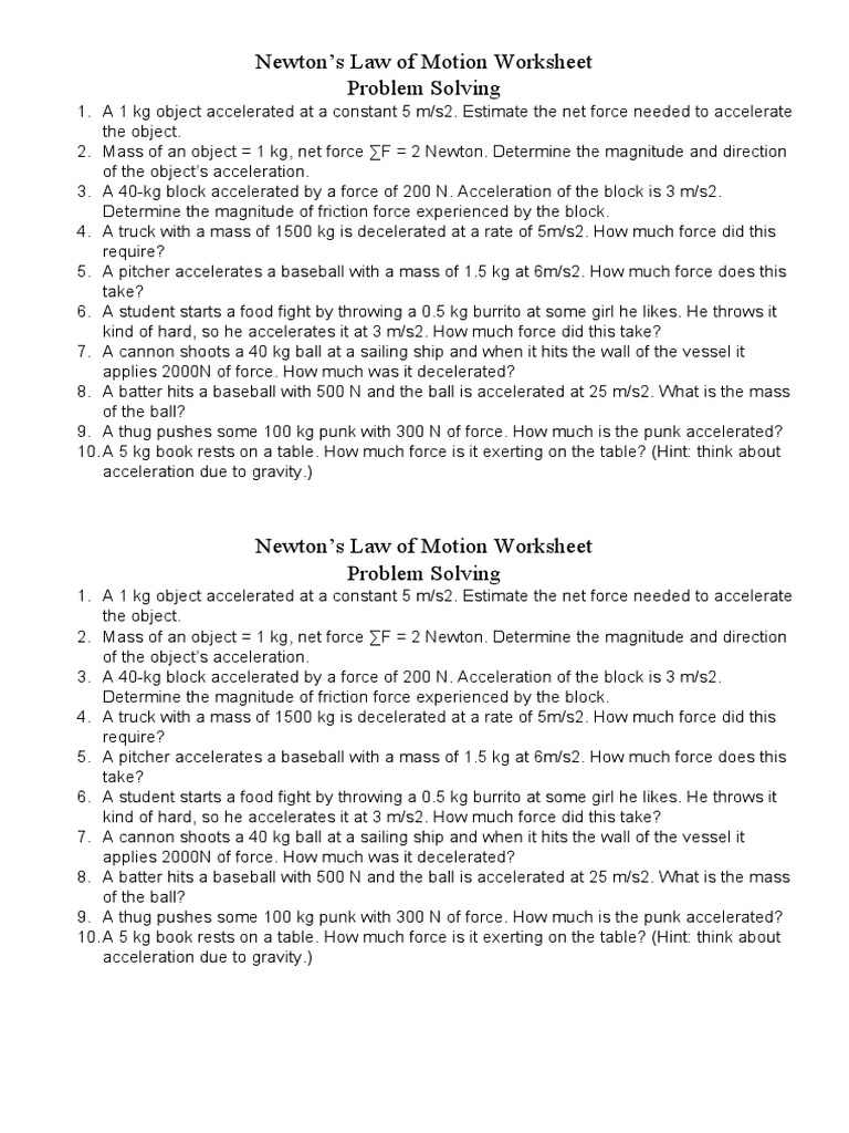 Newton's Law-Worksheet | PDF | Force | Acceleration