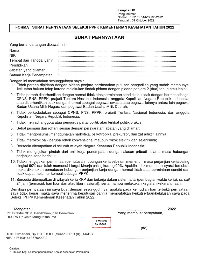 4 Lampiran IV Surat Pernyataan PPPK-RSCM | PDF