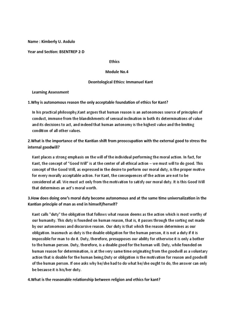 Ethics Module 4 | PDF | Autonomy | Immanuel Kant