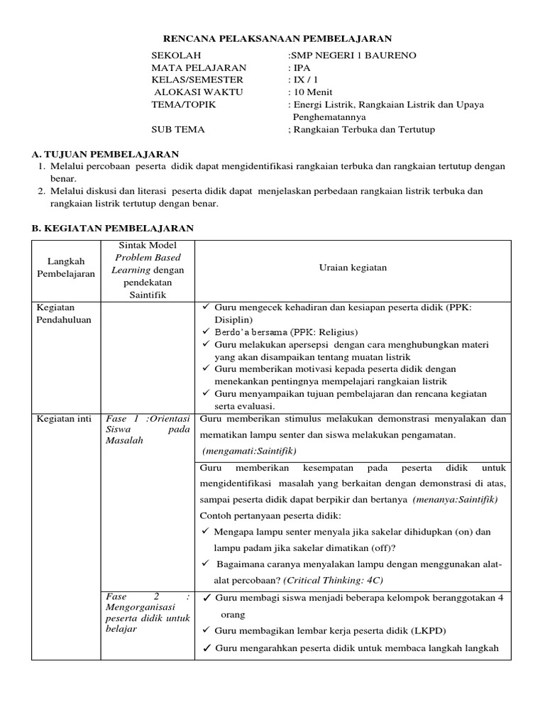 RPP Ipa Rangkaian Terbuka Dan Tertutup Ix | PDF
