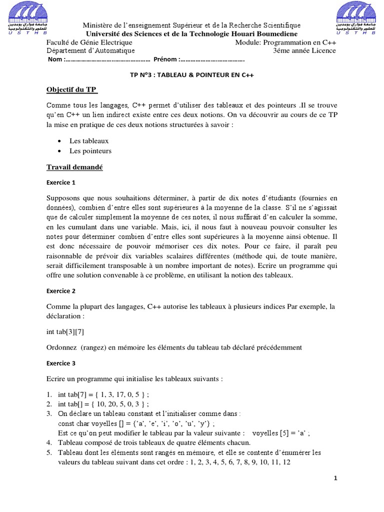 TP C++ : Tableaux et Pointeurs en Pratique | PDF | C ++ | Pointeur ...