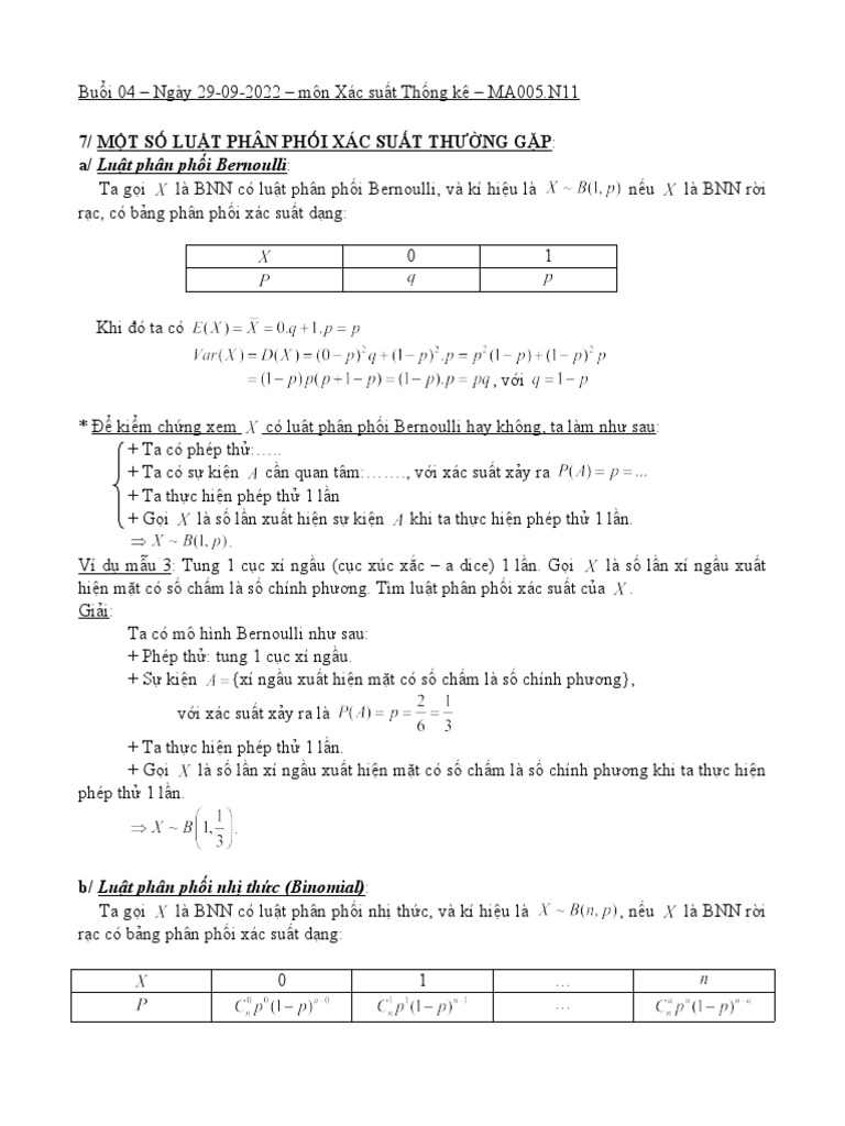 Buoi 04 - Ngay 29-09-2022 - Mon Xac Suat Thong Ke - MA005.N11 | PDF