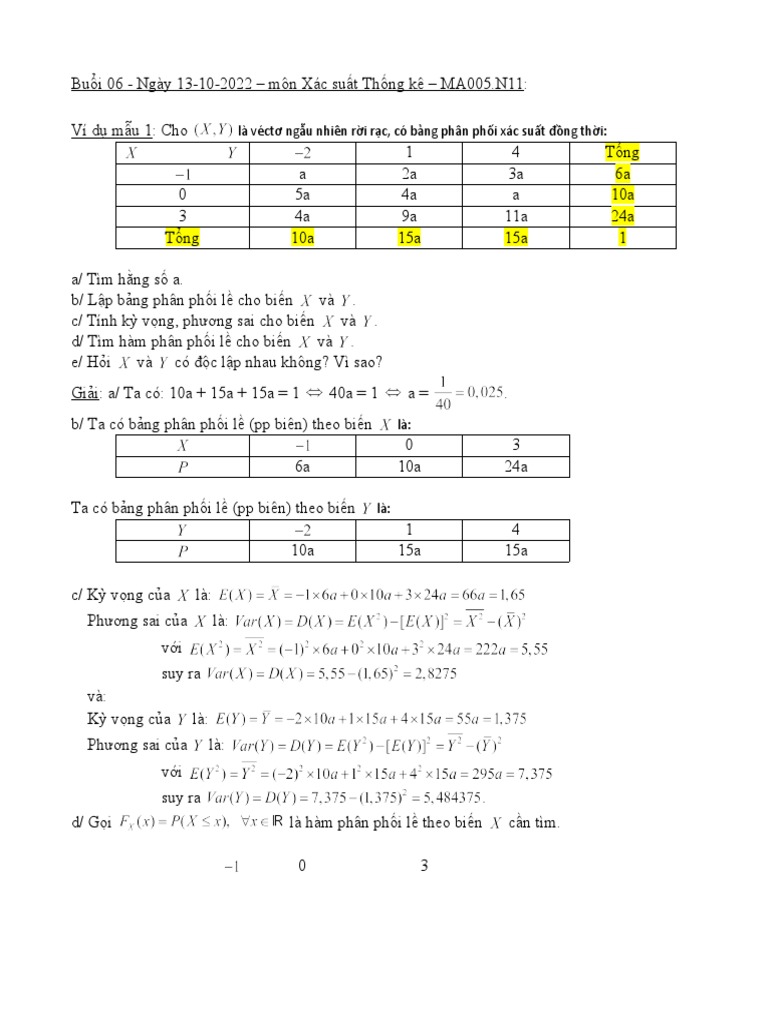 Buoi 06 - Ngay 13-10-2022 - Mon Xac Suat Thong Ke - MA005.N11 | PDF