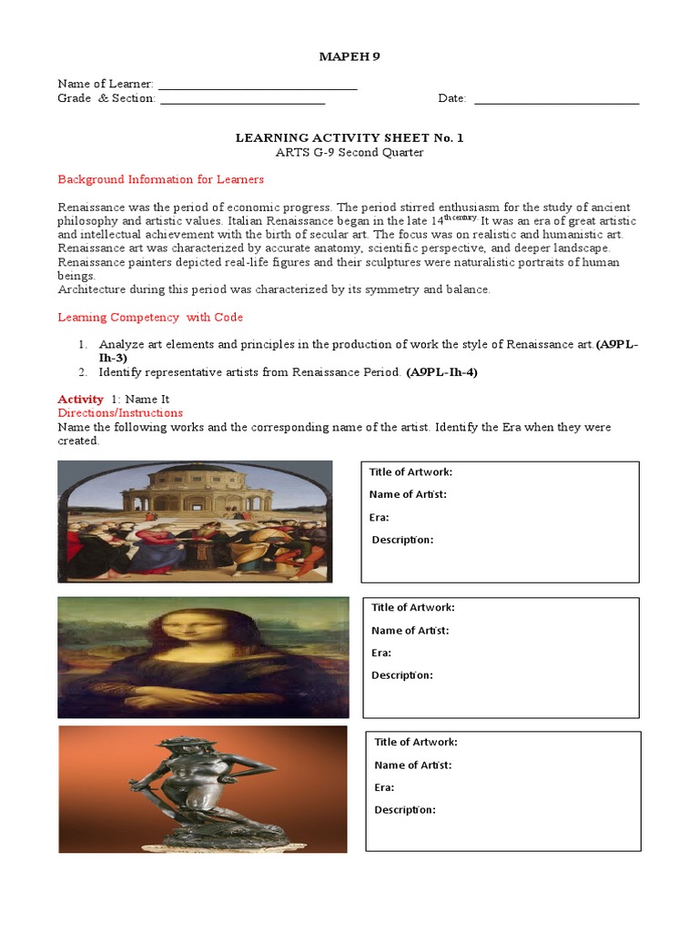 Arts 9 Learning Activity Sheet Q2 | PDF | Renaissance | Renaissance Art