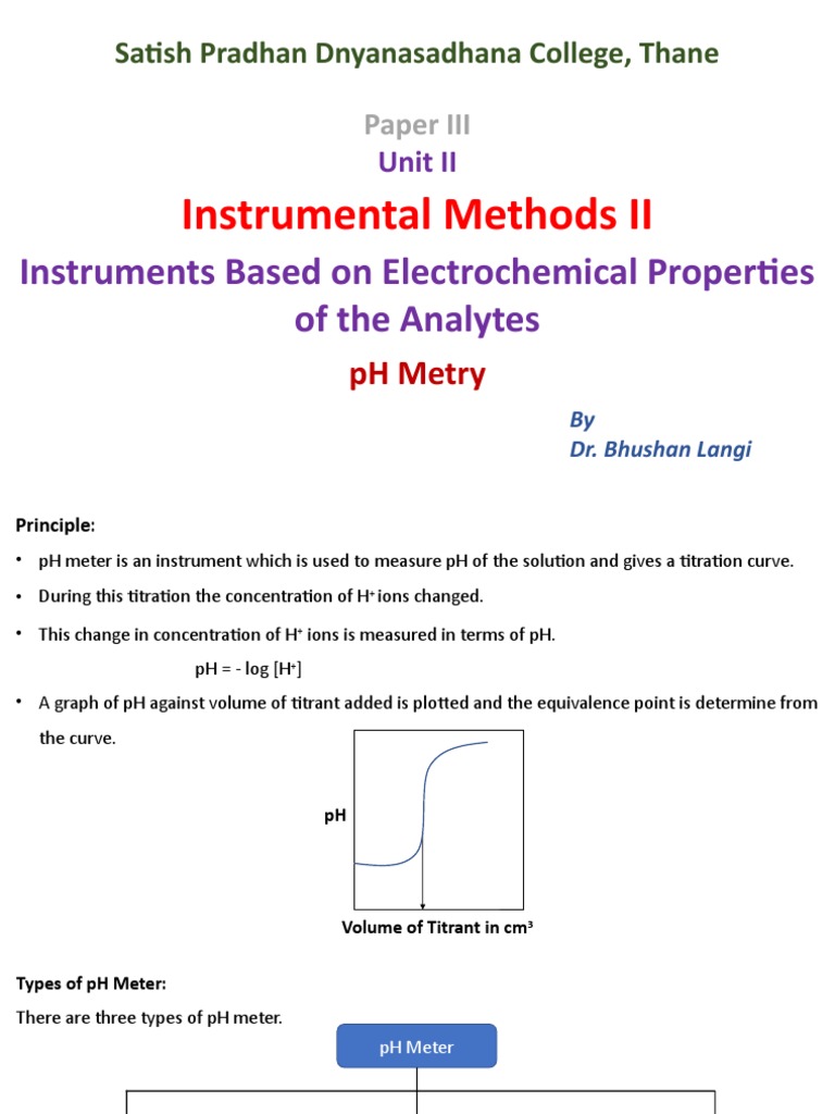 S.Y.B.sc. Instrumental Methods - II PH Metry | PDF | Ph | Titration