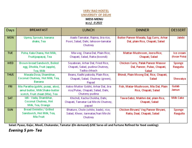 Updated Mess Menu Nov 2022 | PDF | Salad | Cooking