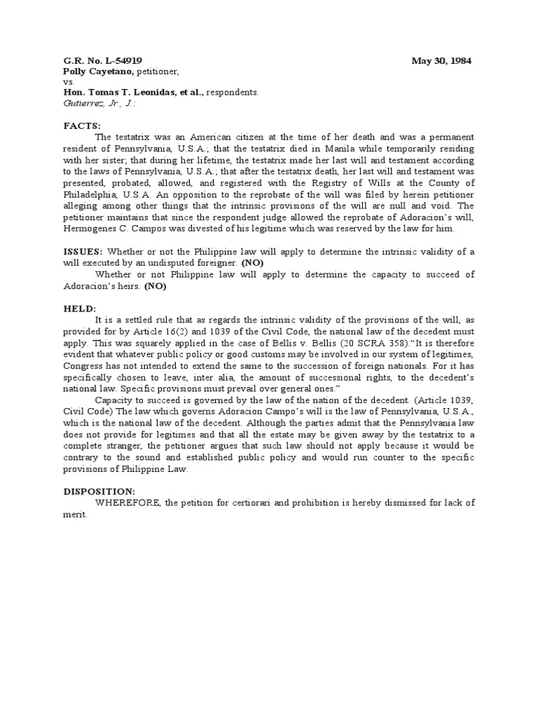CASE No. 52 Polly Cayetano vs. Hon. Tomas T. Leonidas Et Al | Download ...