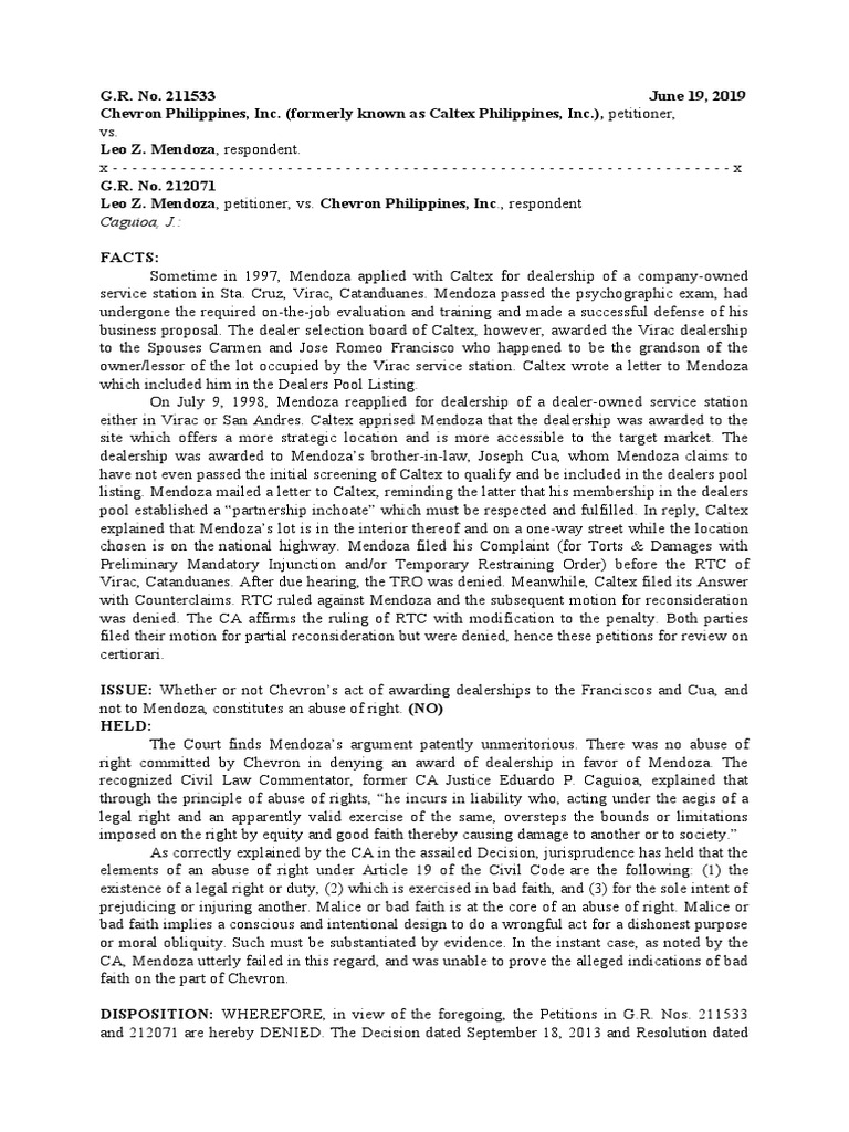 CASE No. 57 Chevron Philippines Inc. (formerly known as Caltex Philippines Inc.) vs. Leo Z ...