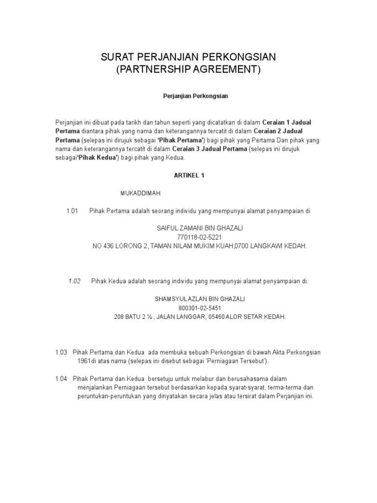 Pdfslide - Tips - Surat Perjanjian Perkongsian | PDF