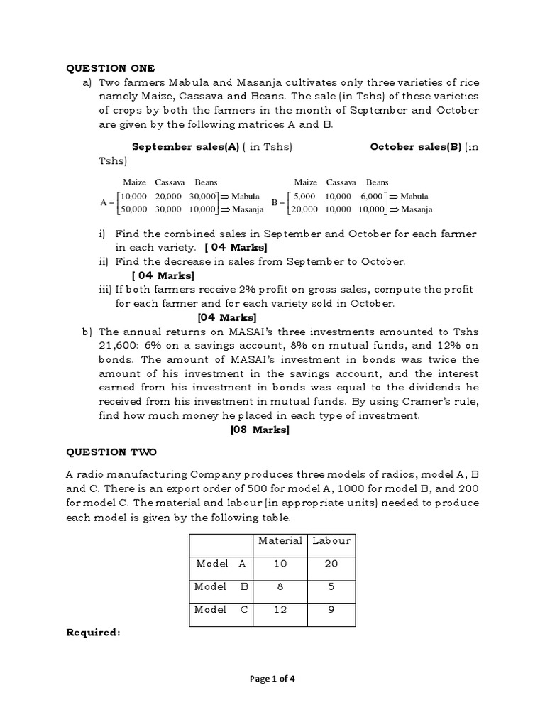 Matrix QNS | PDF | Matrix (Mathematics) | Sales