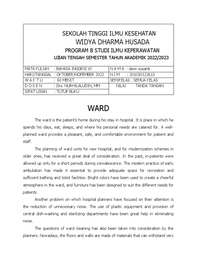 Soal UTS B.ING For Nurse | PDF | Clinical Medicine | Diseases And Disorders