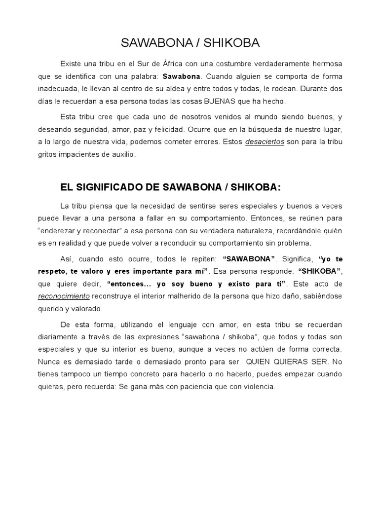 Sawabona - Shikoba | PDF | Relaciones personales, crianza y desarrollo personal | Salud y bienestar