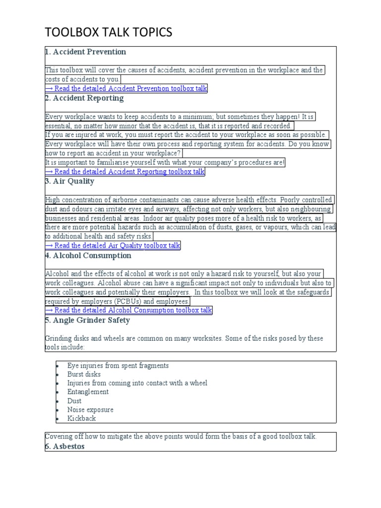 Toolbox Talk Topics | PDF | Occupational Safety And Health | Personal ...