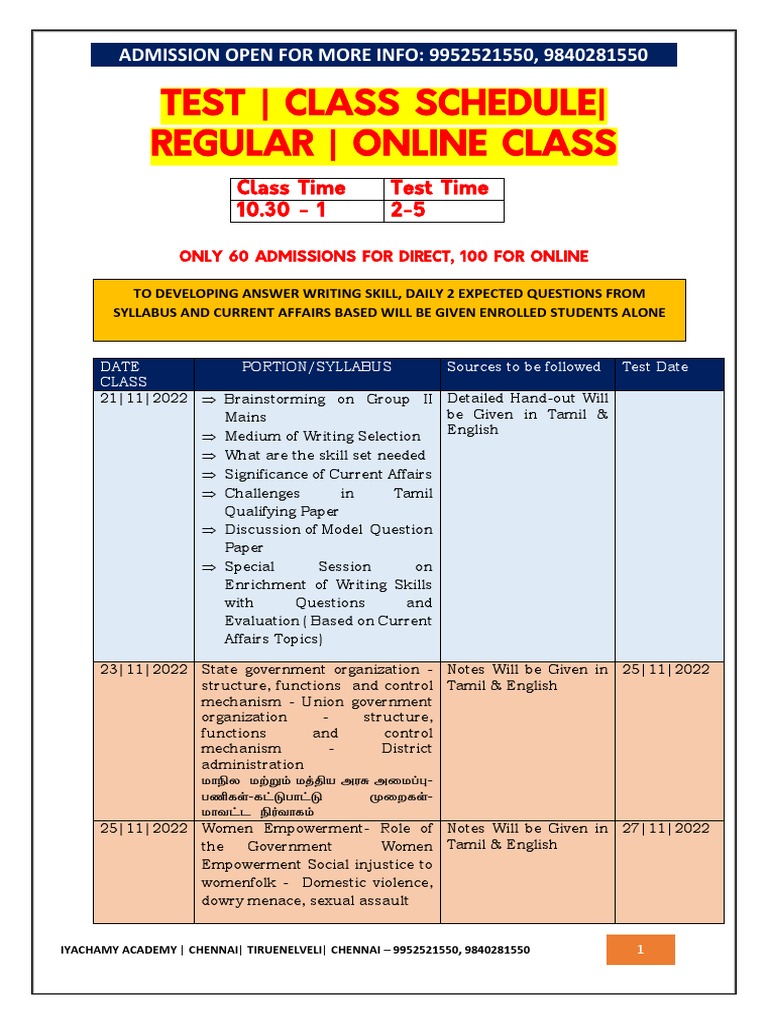 Group 2 Mains Class Cum Test Offline Online Schedule | PDF