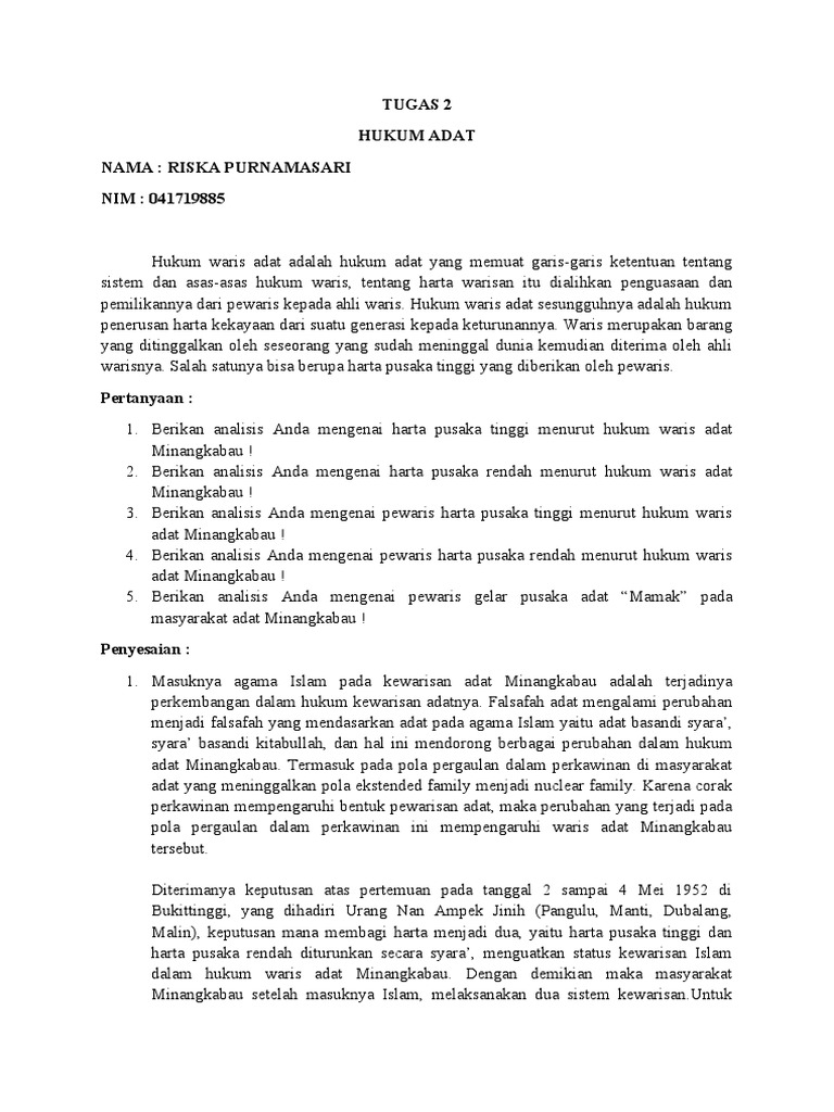 Tugas 2 - Hukum Adat - Riska Purnamasari - 041719885 | PDF | Agama & Spiritualitas