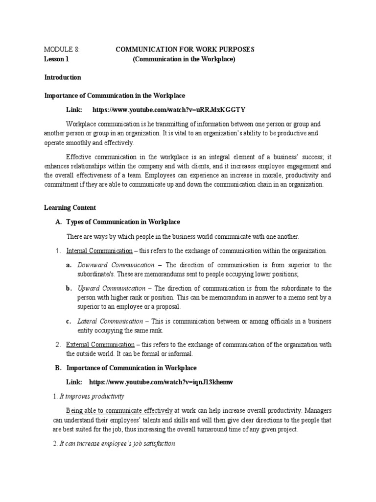 Module-8-Lesson-1-Comm-in-the-Workplace | PDF | Communication | Employment
