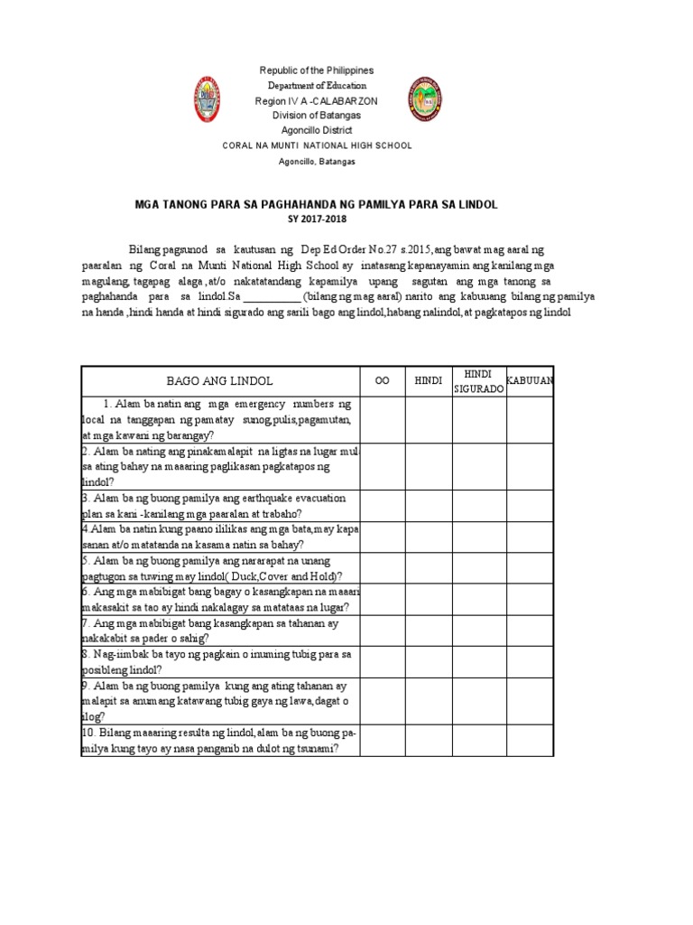 Resulta Ng Suvey Tungkol Sa Antas Ng Kahandaan Sa Lindol Pdf