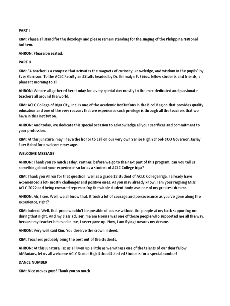 Teacher's Day Script | PDF | Teachers | Cognition