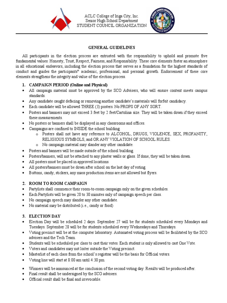 ACLC College Student Council Election Guidelines | PDF | Voting ...
