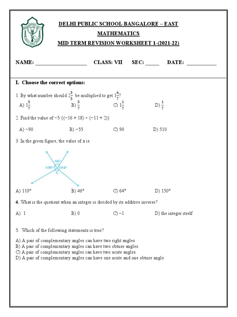 Delhi Public School Bangalore - East Mathematics Mid Term Revision ...