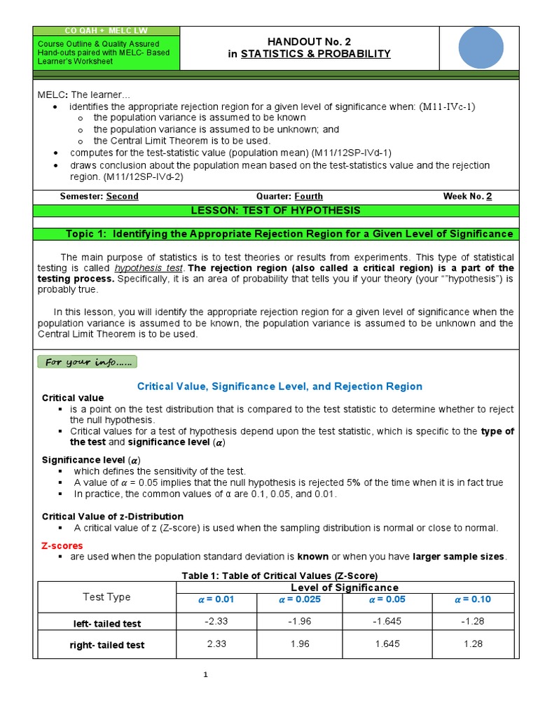 Sp Q4 Week 2 Handout Pdf Statistical Hypothesis Testing P Value 4984