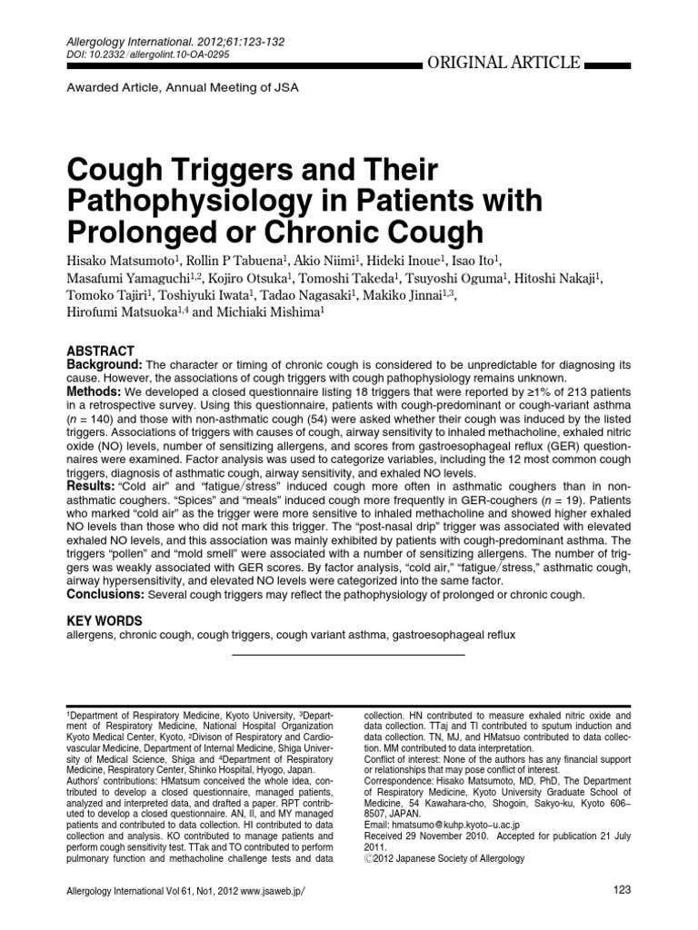 Cough Triggers and Their Pathophysiology in Patients With Prolonged or ...